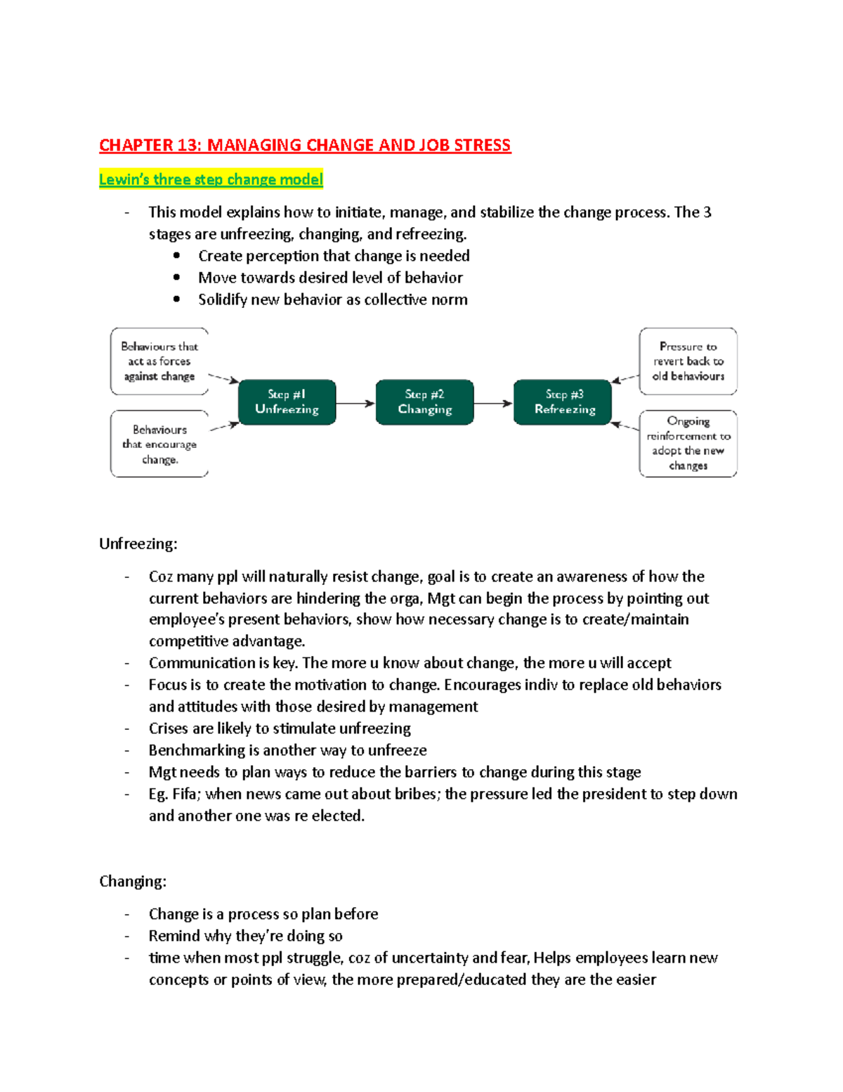 Chapter 13 - CHAPTER 13: MANAGING CHANGE AND JOB STRESS Lewin’s three ...
