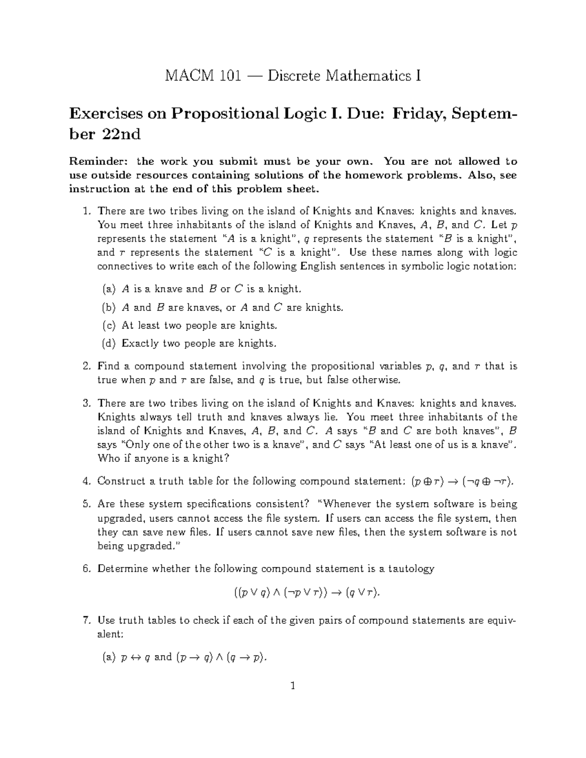 Exer1-23 - hihihihhi - MACM 101 — Discrete Mathematics I Exercises on Propositional Logic I. Due ...