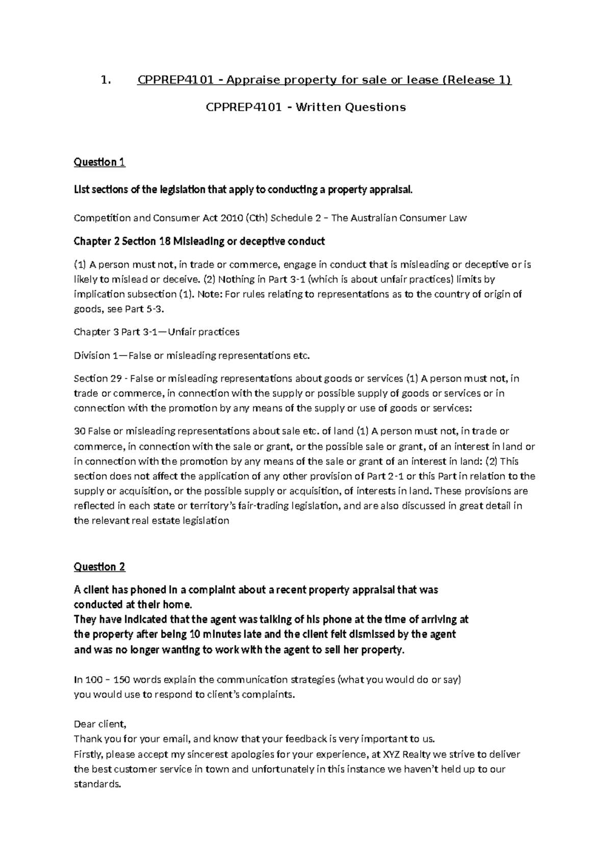 Cpprep 4101 - Written questions - CPPREP4101 - Appraise property for sale or lease (Release 1 ...