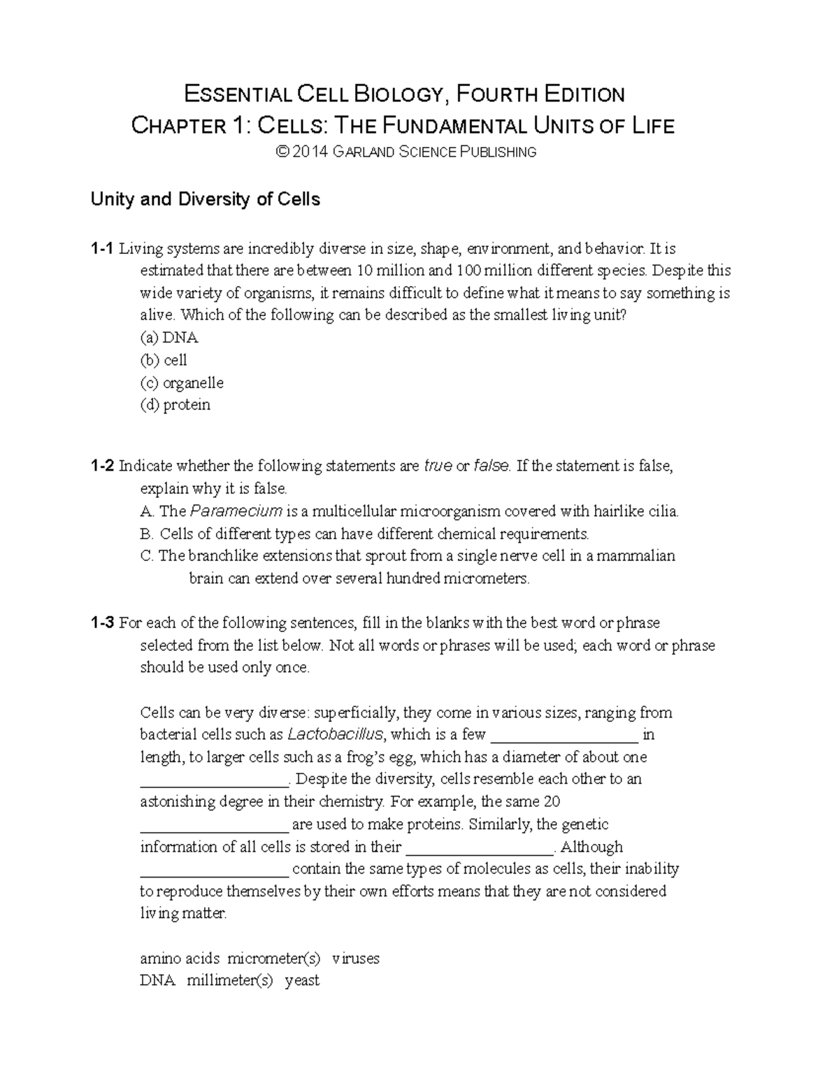ECB4 Ch0101 - ESSENTIAL CELL BIOLOGY, FOURTH EDITION CHAPTER 1: CELLS ...