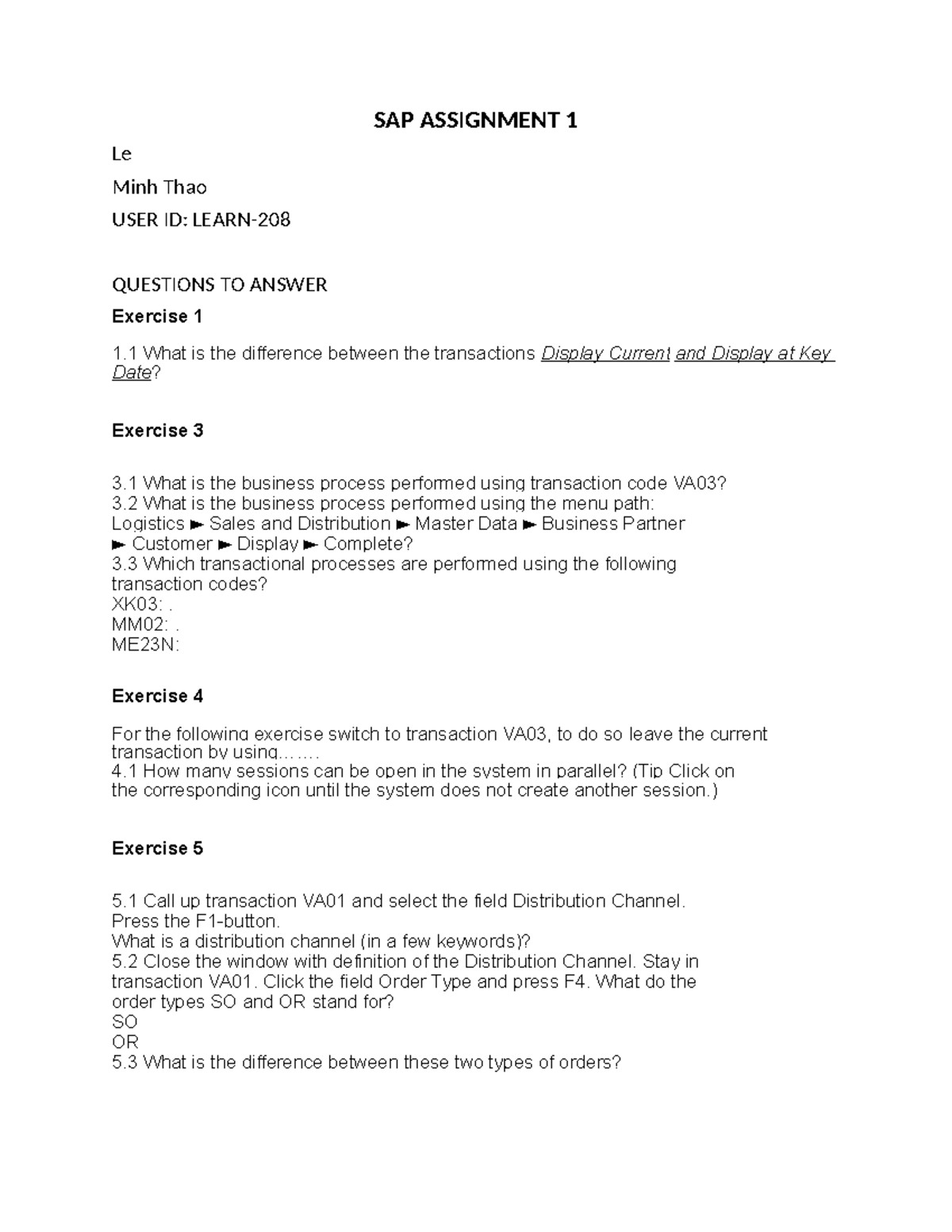 SAP Assignment 1 Template - SAP ASSIGNMENT 1 Le Minh Thao USER ID ...