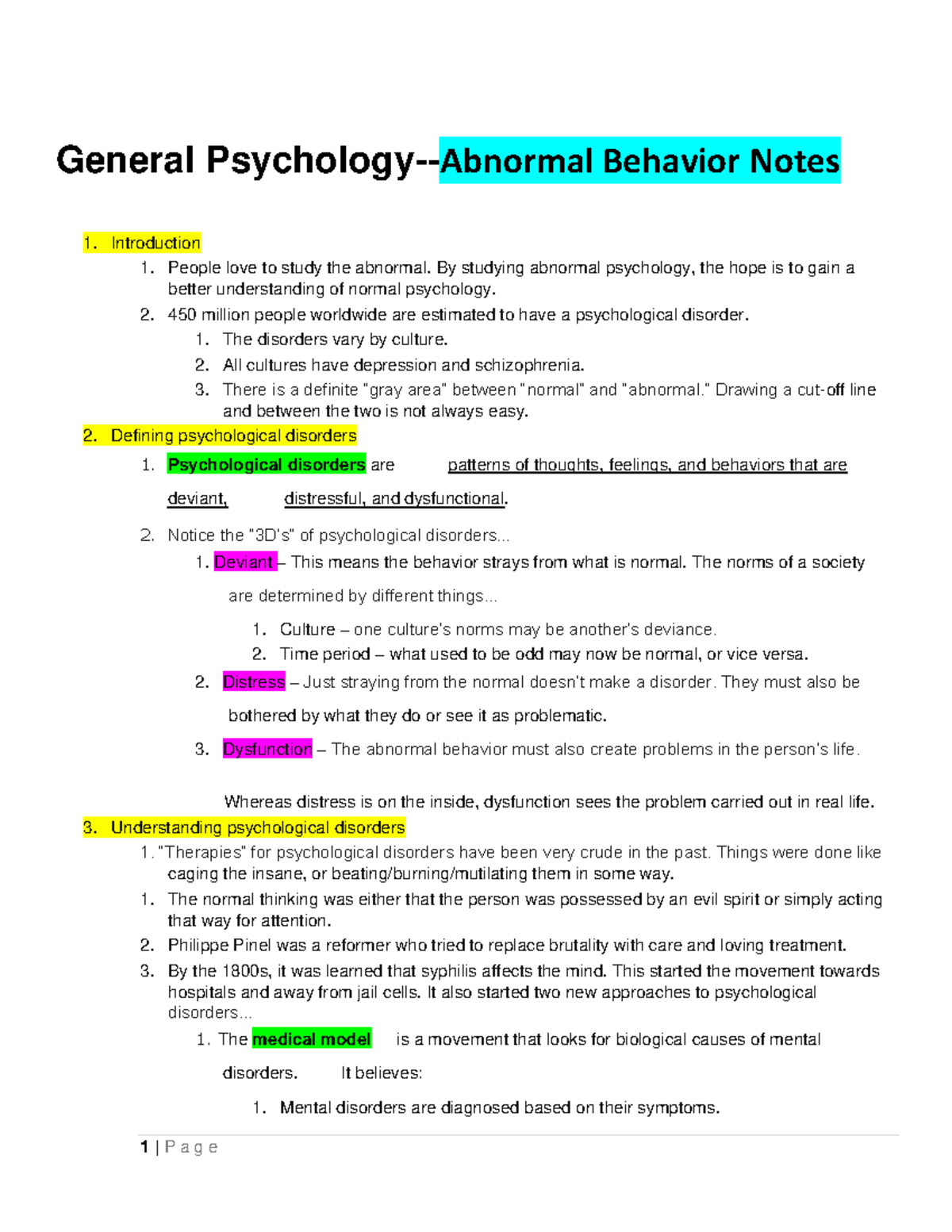 General Psychology Abnormal Behavior Notes - 1 | P a g e General ...