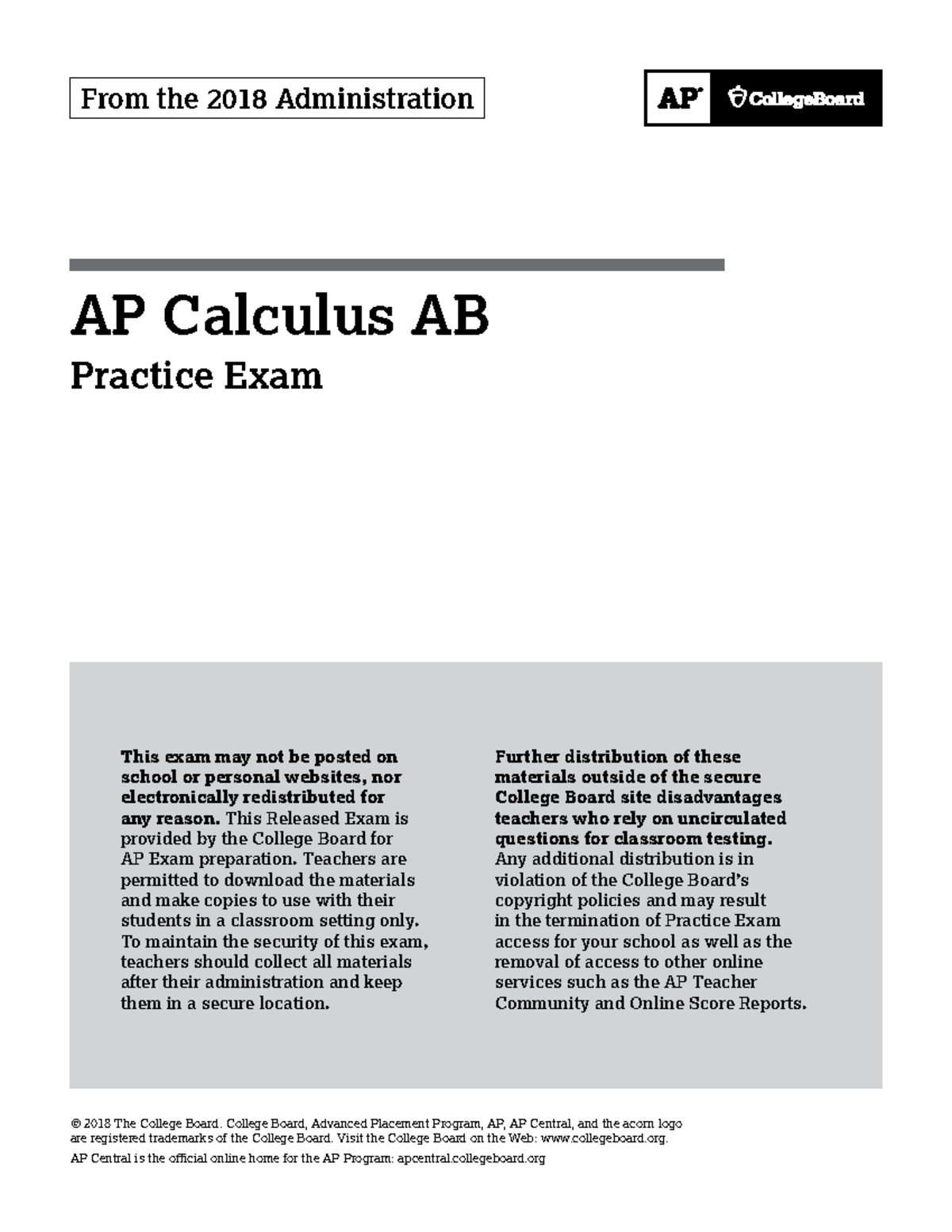 AP Calc AB 2018 - adadasdadasd - AP Calculus AB Practice Exam From the ...