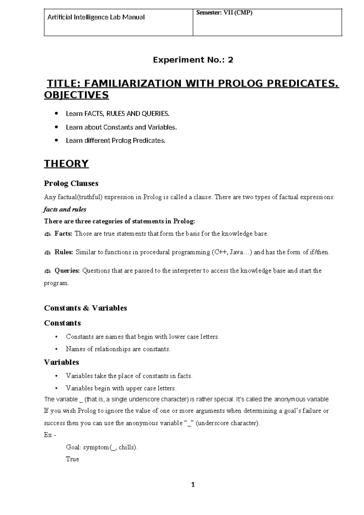 Ai Lab 2 Familiarization With Prolog Predicates Artificial Intelligence Lab Manual