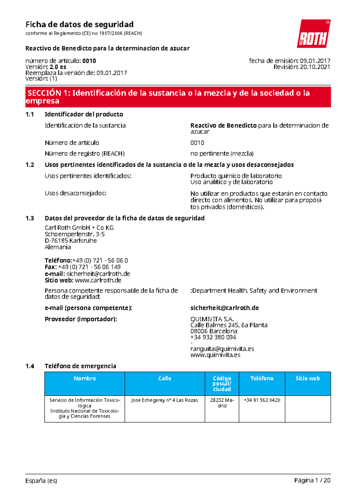 SDB 0010 ES ES - Ficha de seguridad del reactivo de Benedict para ...