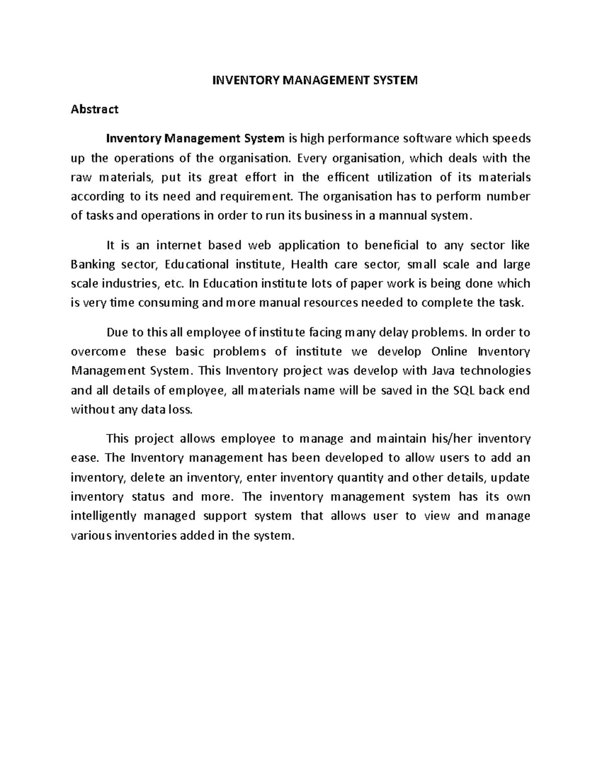 Abstract Inventory - Computer Sc - INVENTORY MANAGEMENT SYSTEM Abstract ...