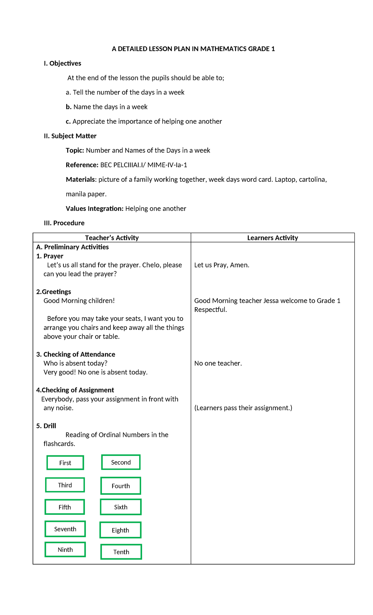 DAYS OF THE WEEK MATH 1 - A DETAILED LESSON PLAN IN MATHEMATICS GRADE 1 ...