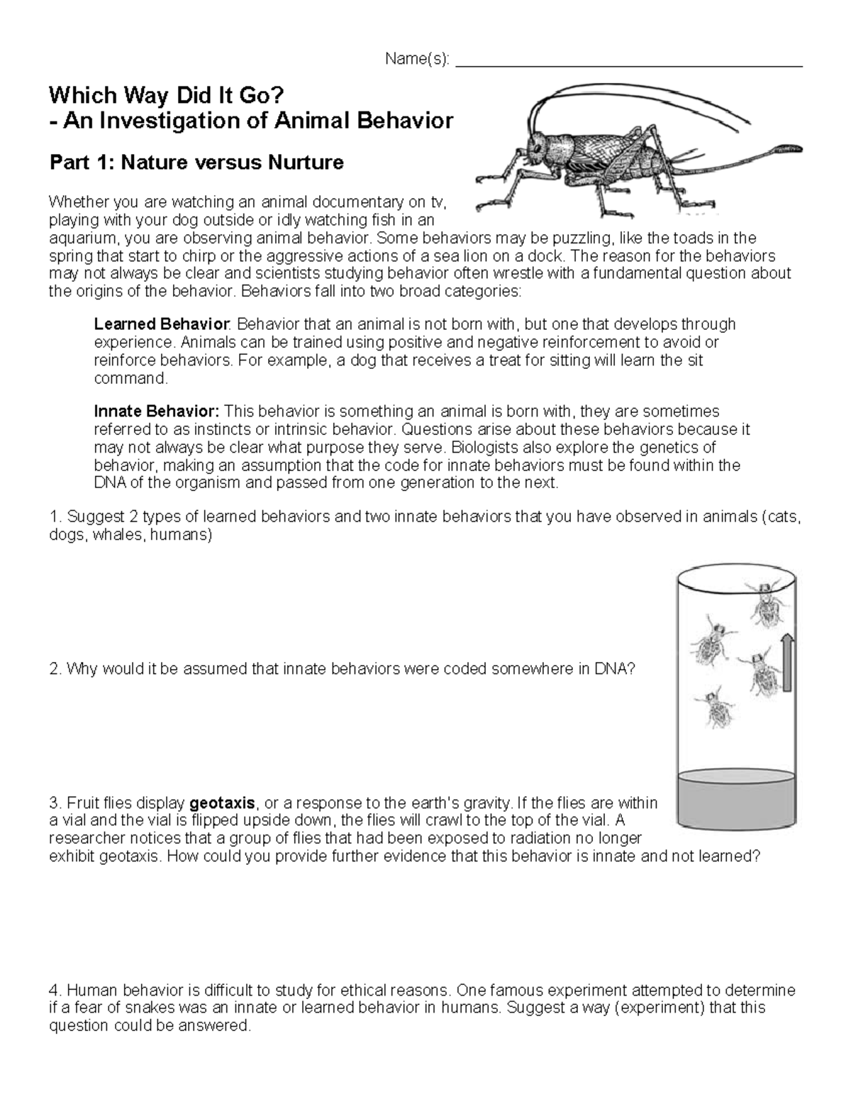 Investigation - Which Way Did It Go - Animal Behavior - Name(s): - Studocu