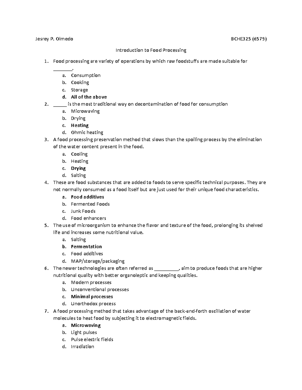 Olmedo Introto Foodprocessing QA - Jesrey P. Olmedo BCHE325 (6579 ...