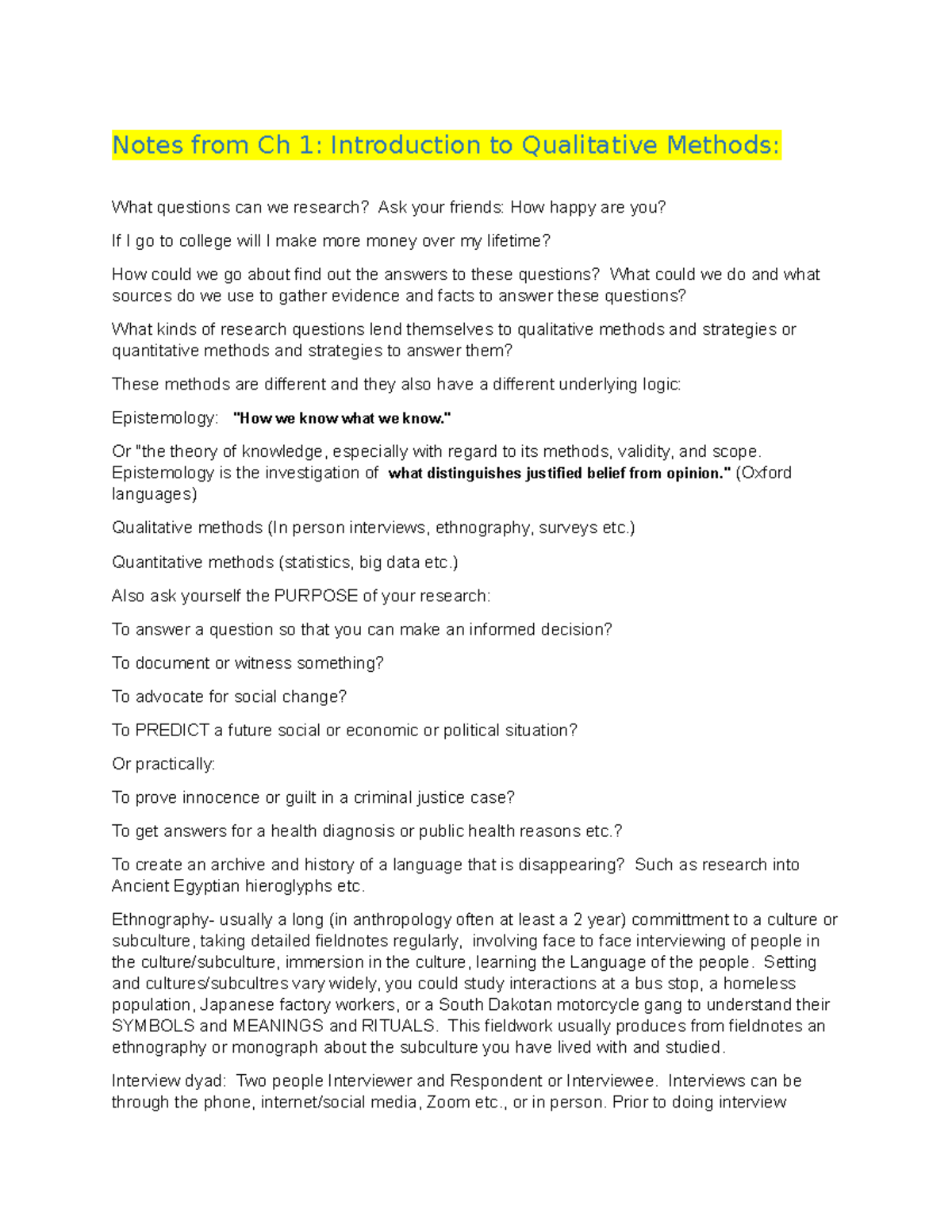 Professor Chapter Notes - Notes from Ch 1: Introduction to Qualitative ...