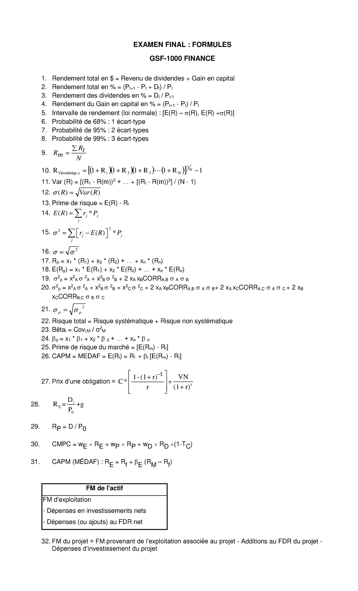 Feuille formules final H24 - EXAMEN FINAL : FORMULES GSF- 1000 FINANCE ...