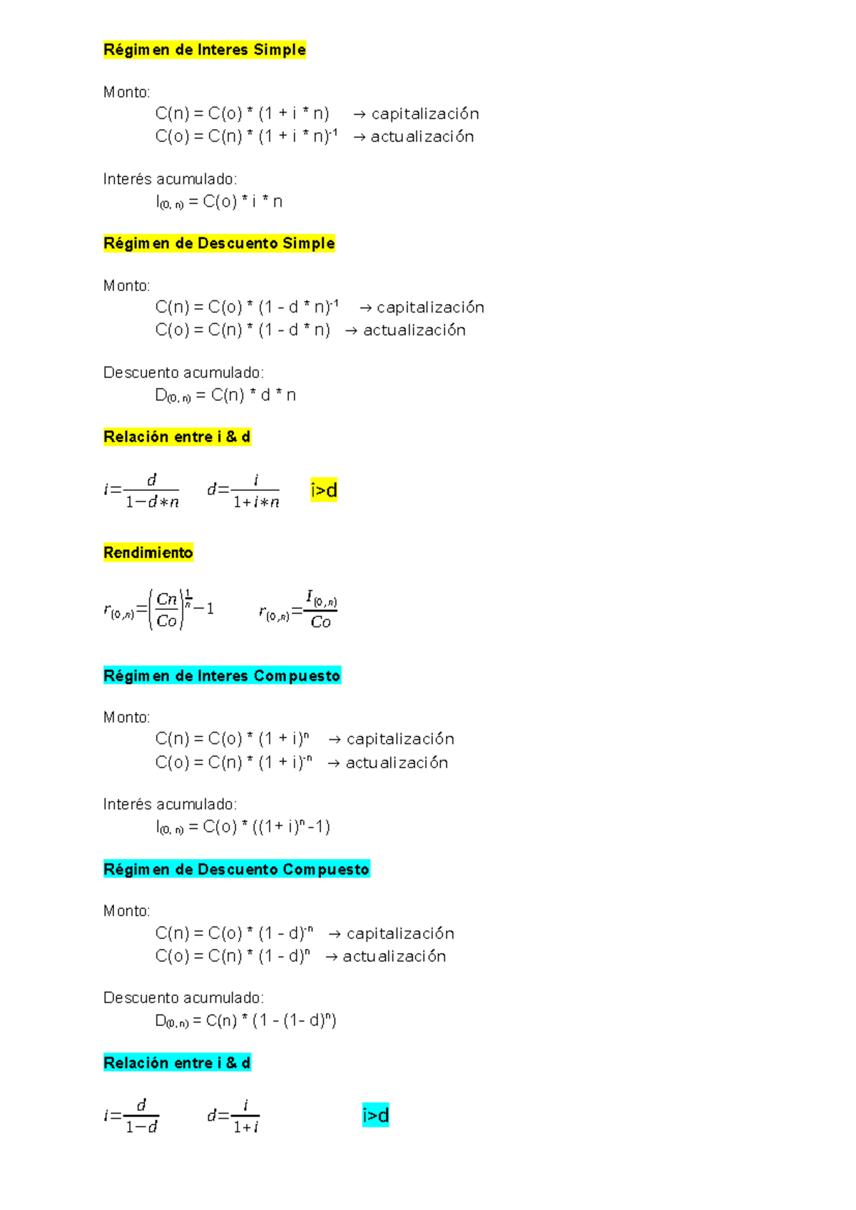 Formulas 1° Parcial - Régimen de Interes Simple Monto: C(n) = C(o) * (1 ...