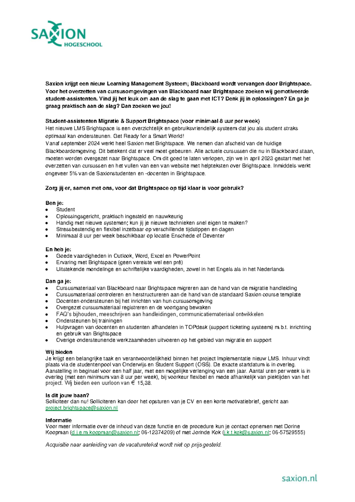 Vacature Student-assistent Migratie en Support Project Brightspace ...