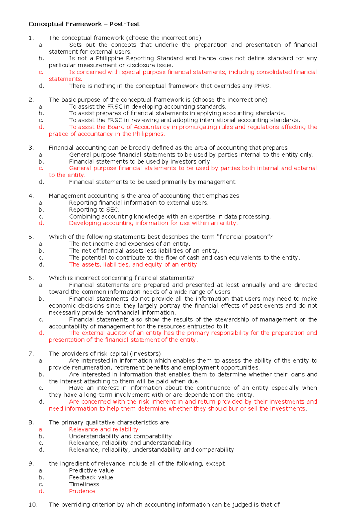 Test 2019, questions and answers - Conceptual Framework – Post-Test The ...
