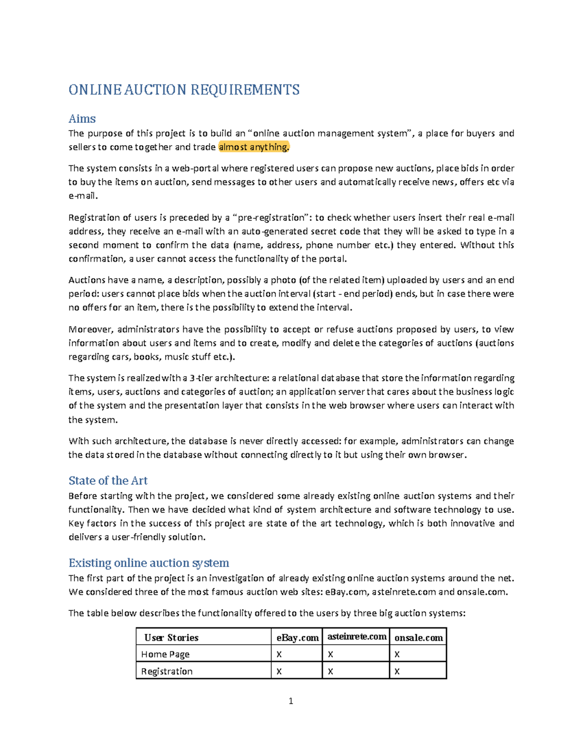 Tutorial - Online Auction - ONLINE AUCTION REQUIREMENTS Aims The ...