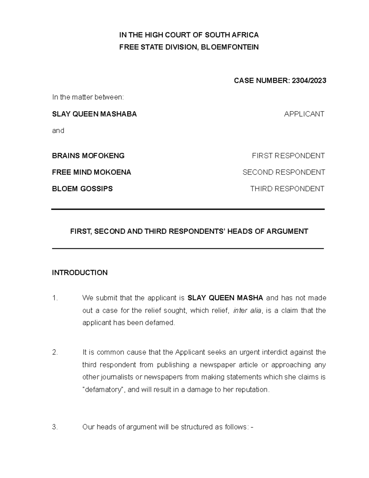 Draft - First, Second AND Third Respondents' Heads OF Argument - IN THE ...