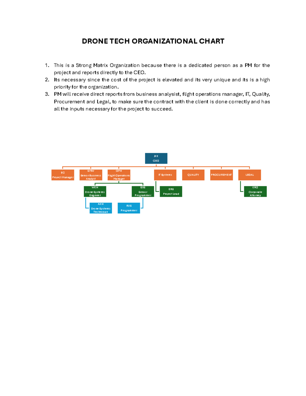 Drone TECH Organizational Chart - JXK CEO EC Project Manager SMW Senior Business Analyst GPH ...