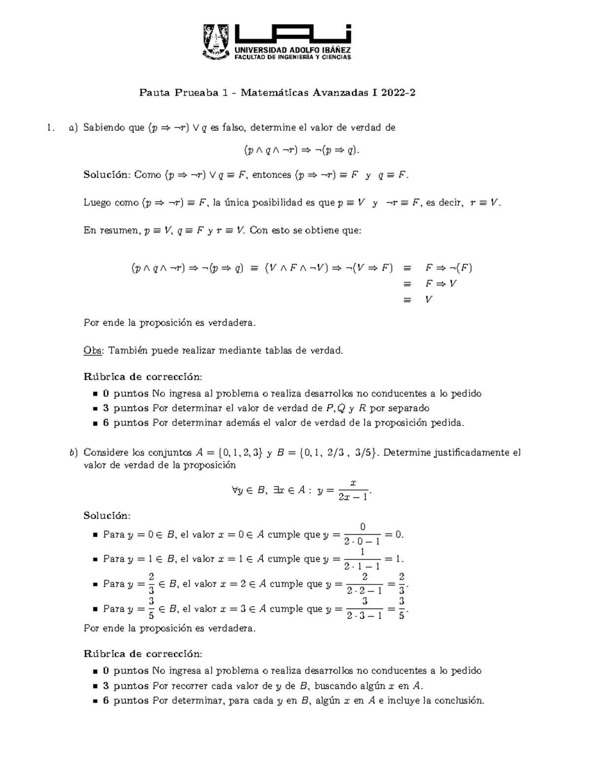 Pauta Prueba 1 MAI 2022-2 - Pauta Prueaba 1 - Matem ́aticas Avanzadas I 2022- a) Sabiendo que (p ...