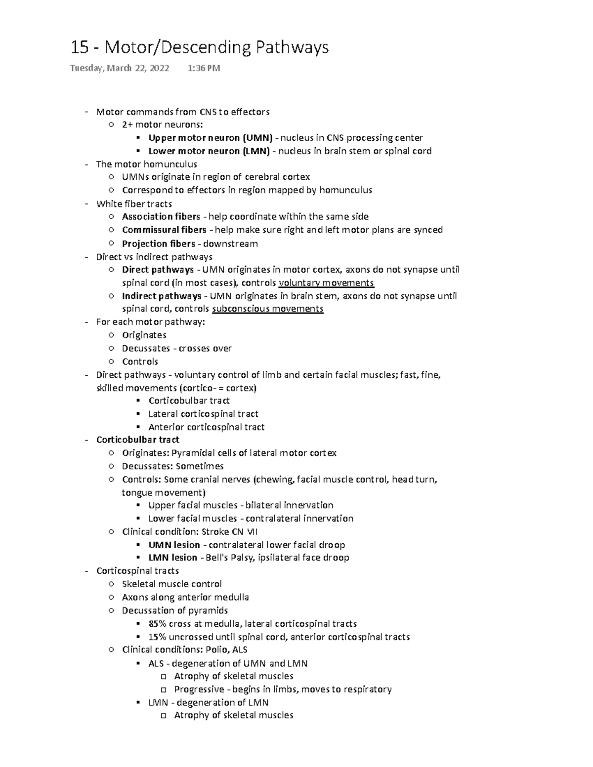 Motor-Descending Pathways - Motor commands from CNS to effectors 2+ motor neurons: Upper motor ...