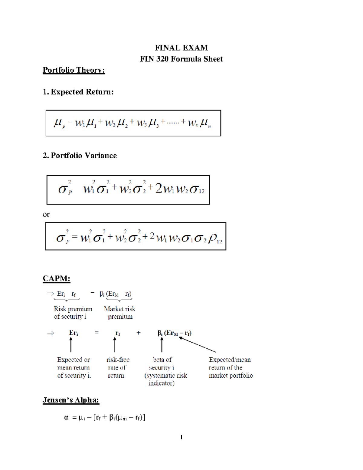 FIN 320 Formula Sheet - FINAL EXAM FIN 320 Formula Sheet Portfolio ...