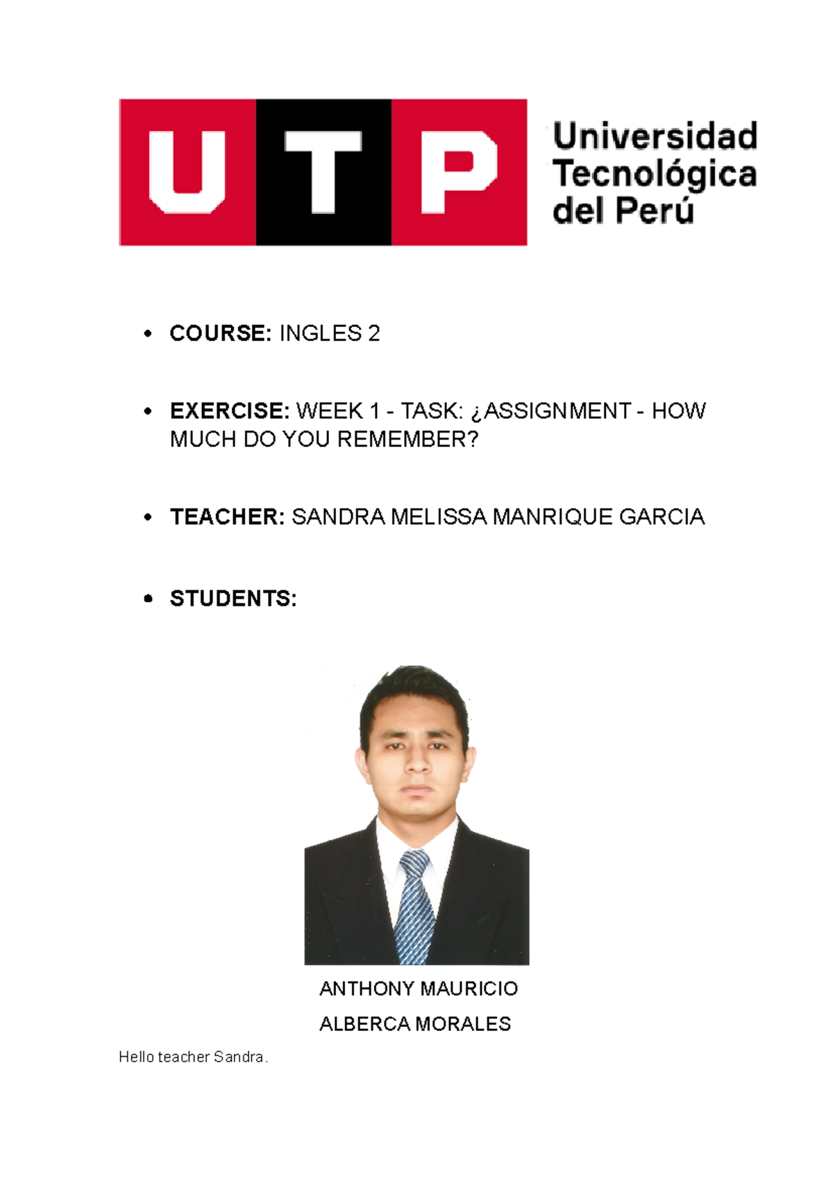 Alberca Morales Anthony Mauricio - COURSE: INGLES 2 EXERCISE: WEEK 1 ...