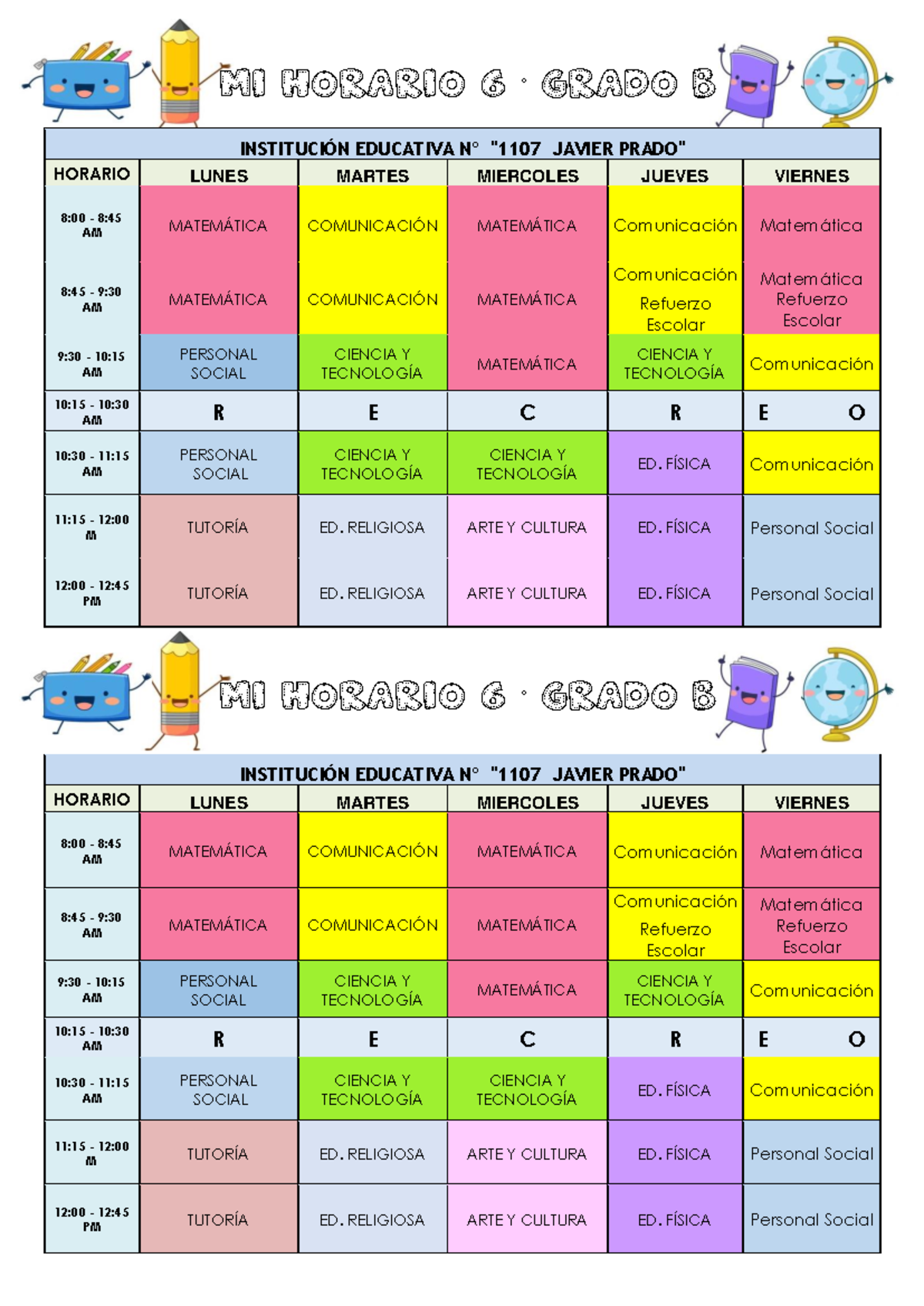MI Horario 6 Patsy - 6to B - MI HORARIO 6 ° GRADO B MI HORARIO 6 ...