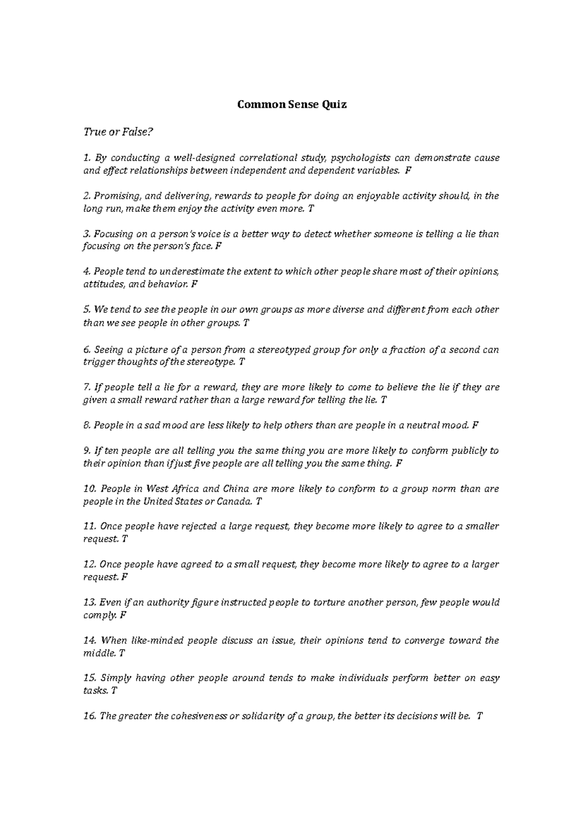 Common-Sense-Quiz - asdasdfadsfa - Common Sense Quiz True or False? By ...