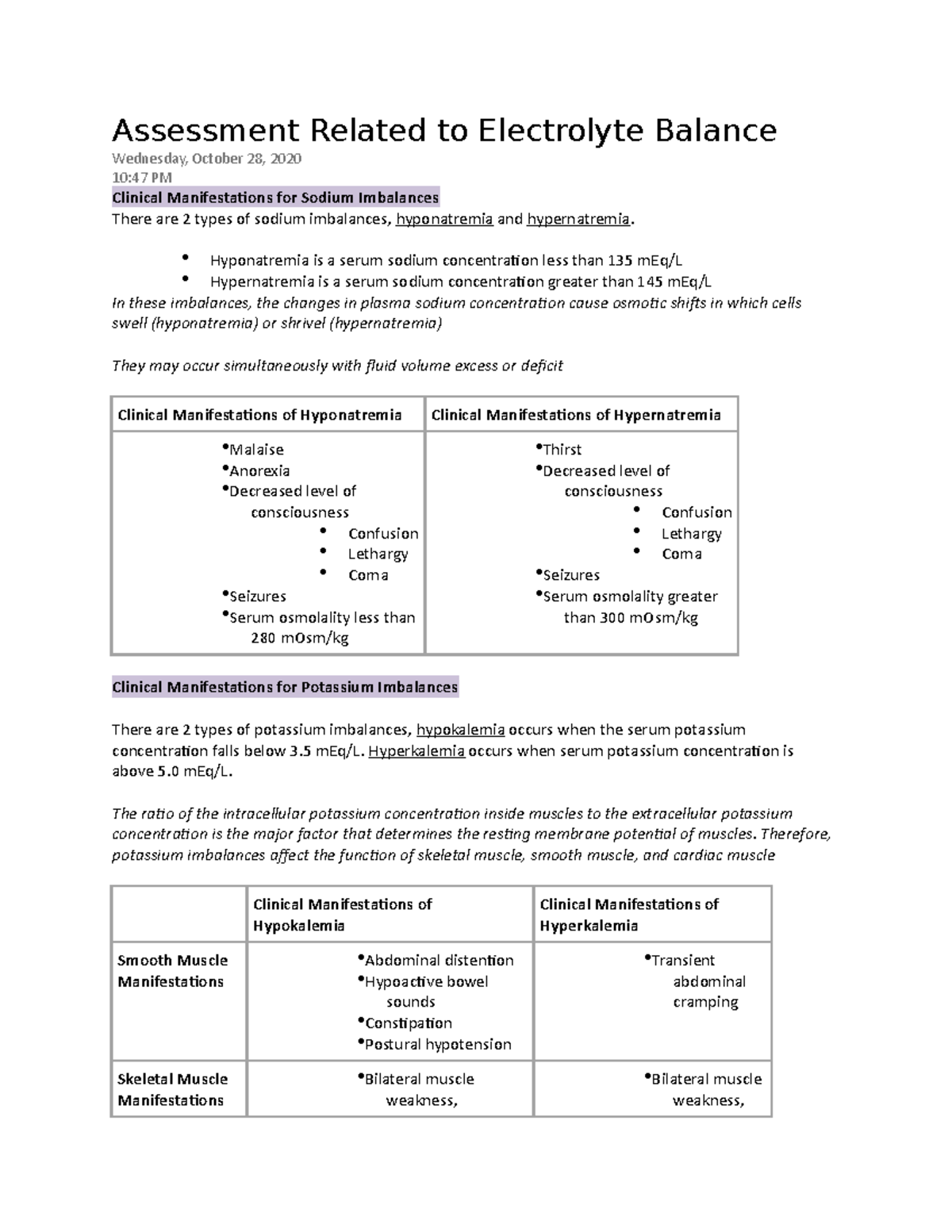 Assessment Related to Electrolyte Balance - Assessment Related to ...