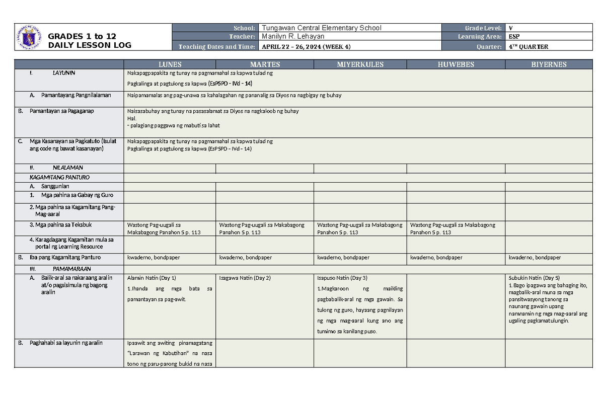 DLL ESP 5 Q4 W4 - english lesson log - GRADES 1 to 12 DAILY LESSON LOG School: Tungawan Central ...