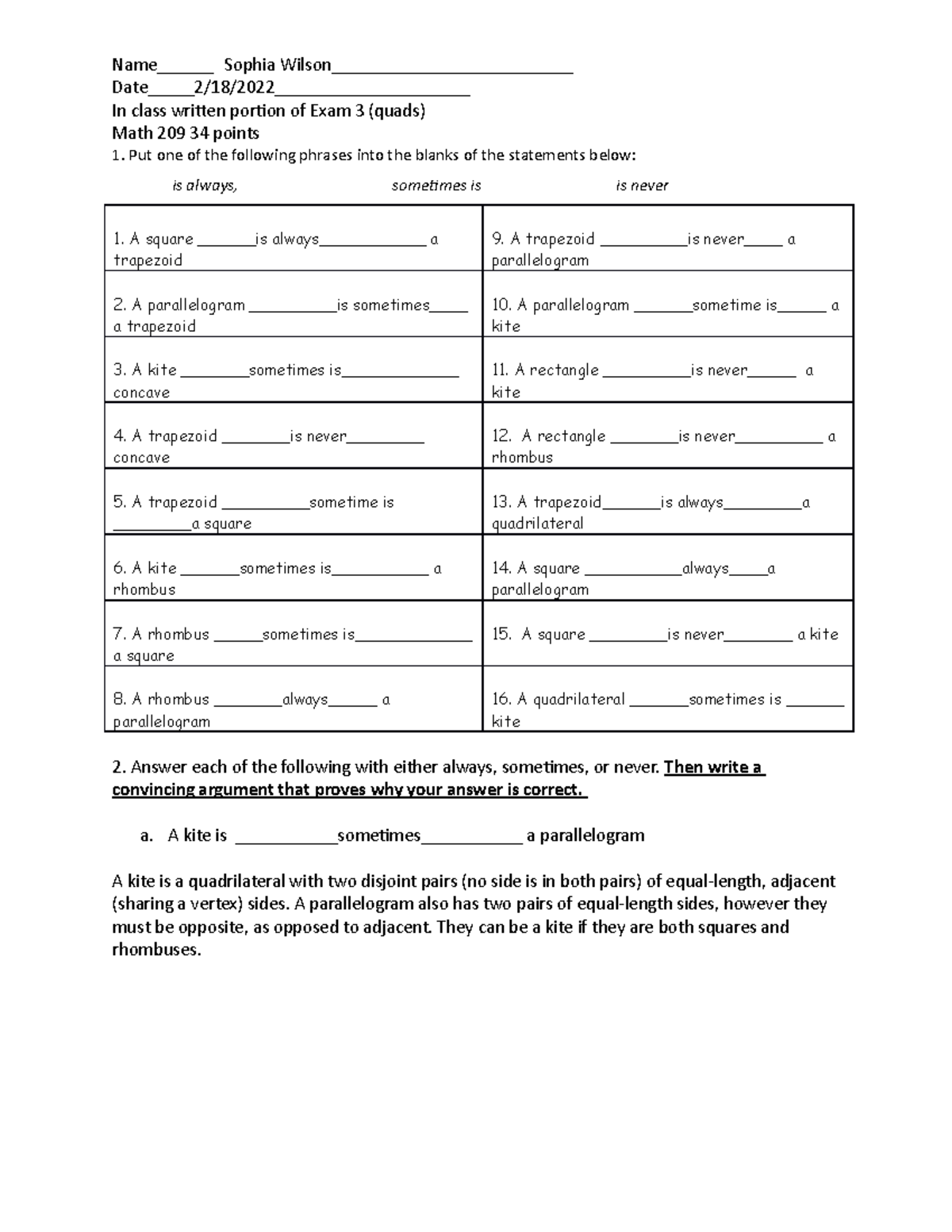 Exam 3 written portion - exam - Name______ Sophia Wilson ...