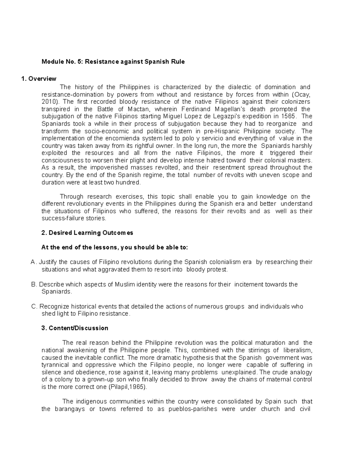 Resistance against Spanish Rule - Module No. 5: Resistance against ...