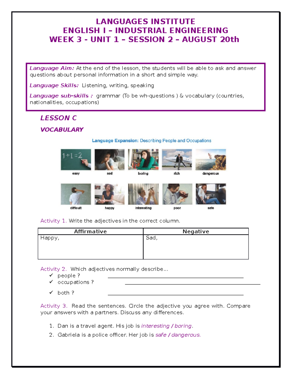 Lesson C - Vocabulary Section - LANGUAGES INSTITUTE ENGLISH I ...