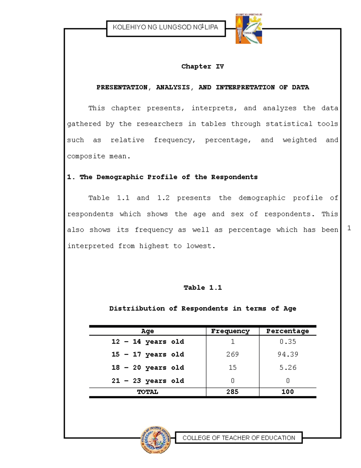 Edited chap 4 5 - for concerns - Chapter IV PRESENTATION, ANALYSIS, AND INTERPRETATION OF DATA ...