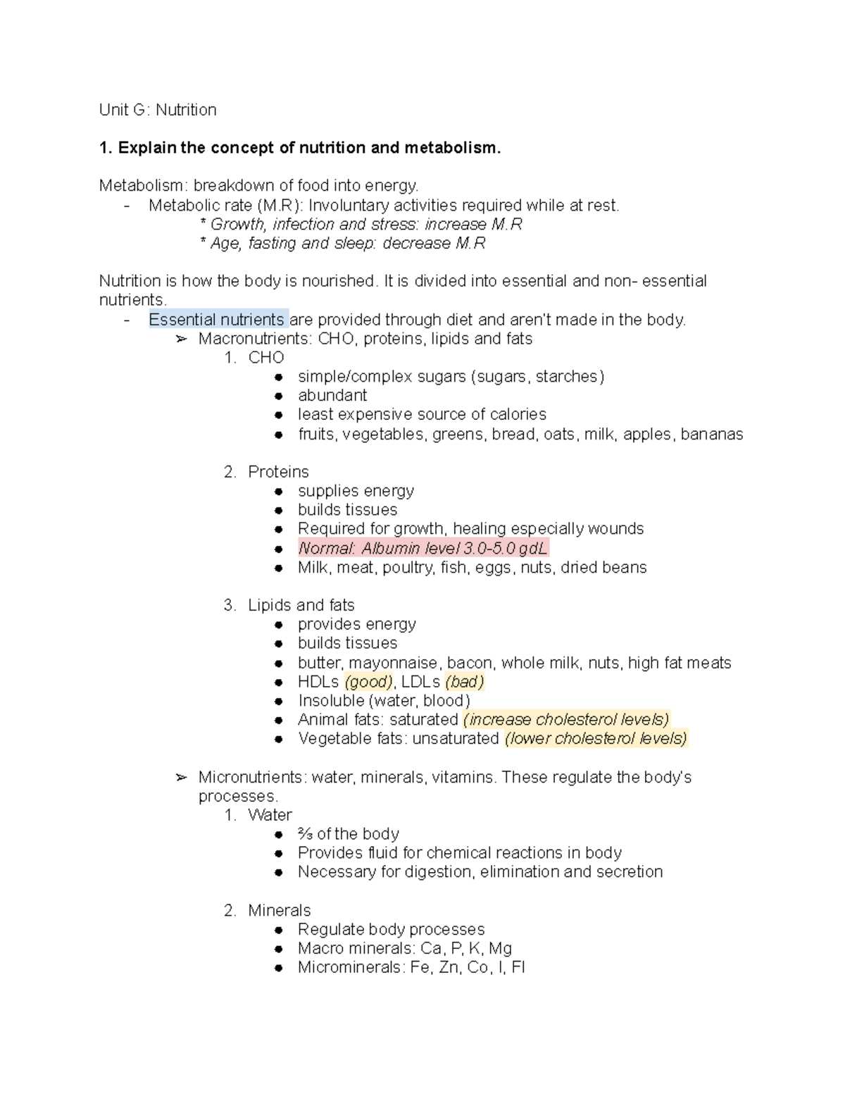 Nutrition/Metabolism - Unit G: Nutrition Explain the concept of ...