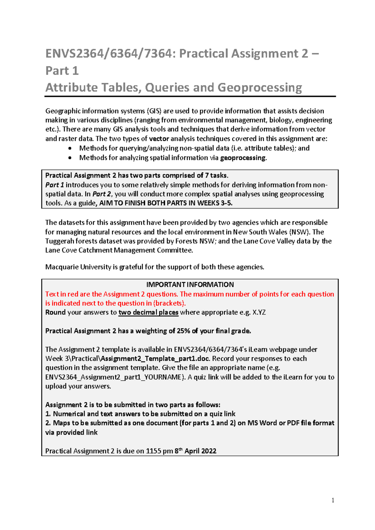 S12022 GIS Practical Assicgment 2 Part 1 - ENVS2364/6364/7364: Practical Assignment 2 – Part 1 ...