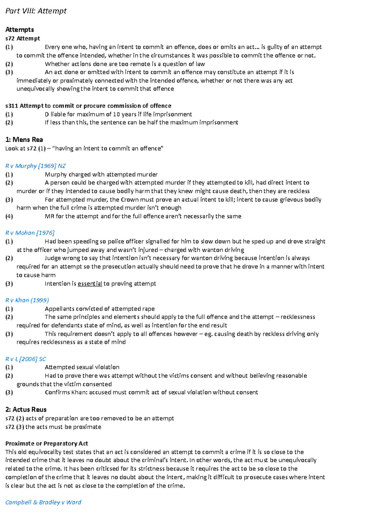 Criminal Attempt - Summary - Part VIII: Attempt Attempts s72 Attempt (1 ...
