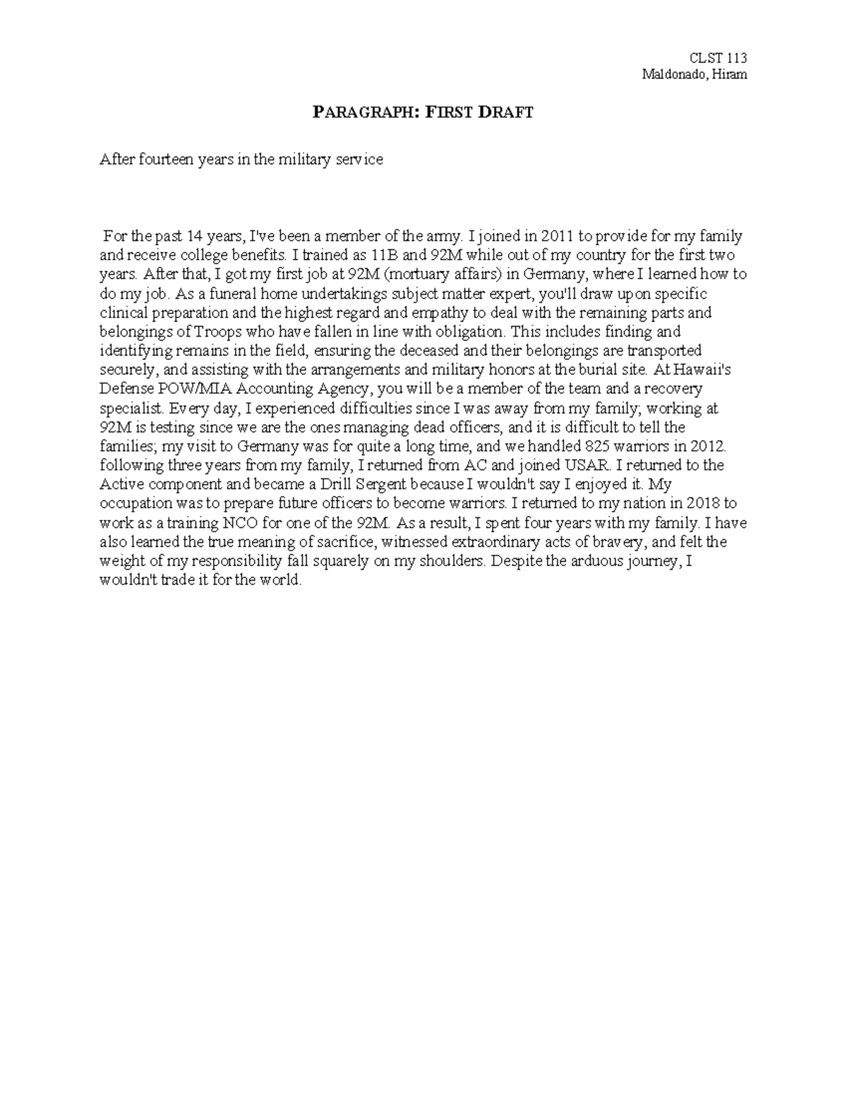 Paragraph First Draft maldonado - CLST 113 Maldonado, Hiram PARAGRAPH ...