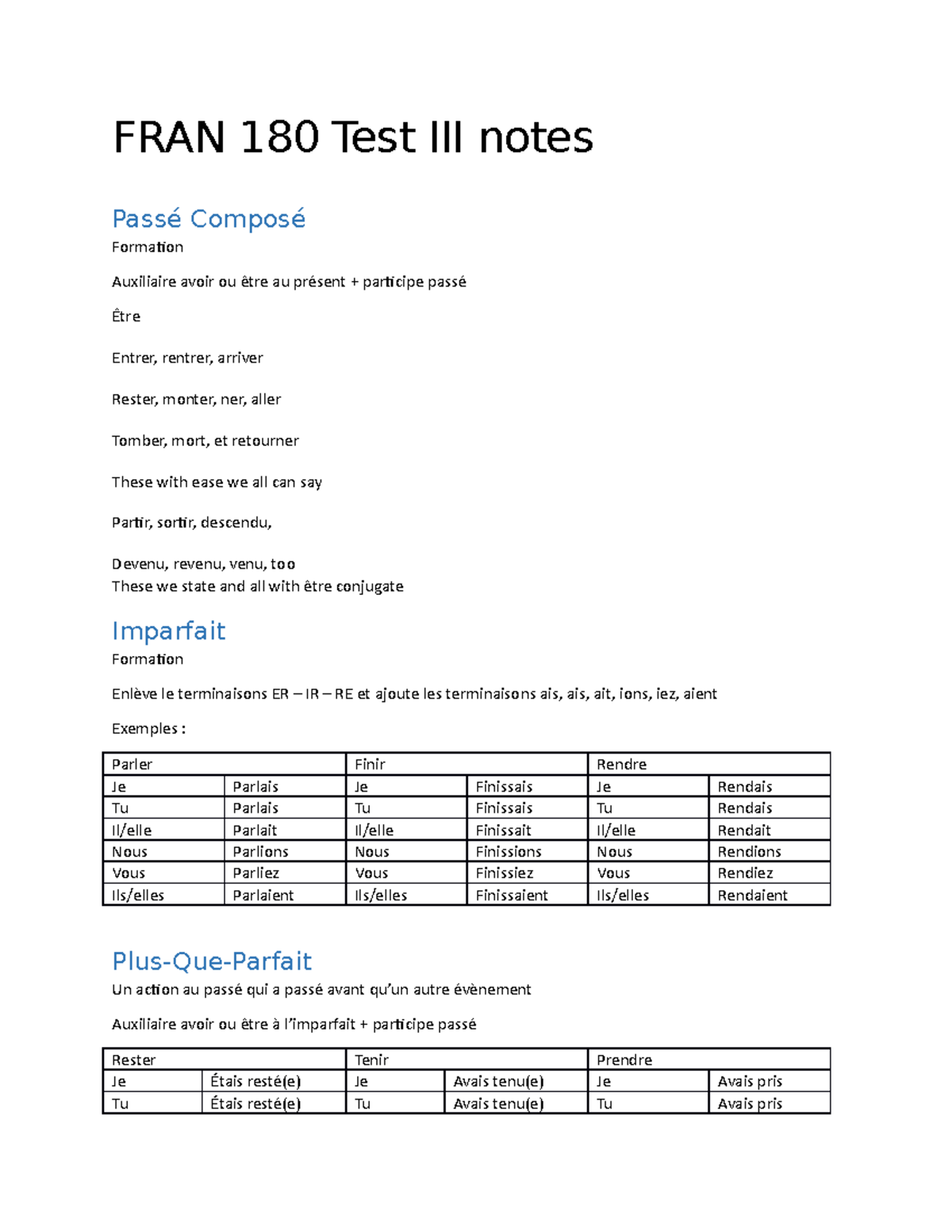 Examen Final Notes - Résumé Intensive French III - FRAN 180 Test III ...