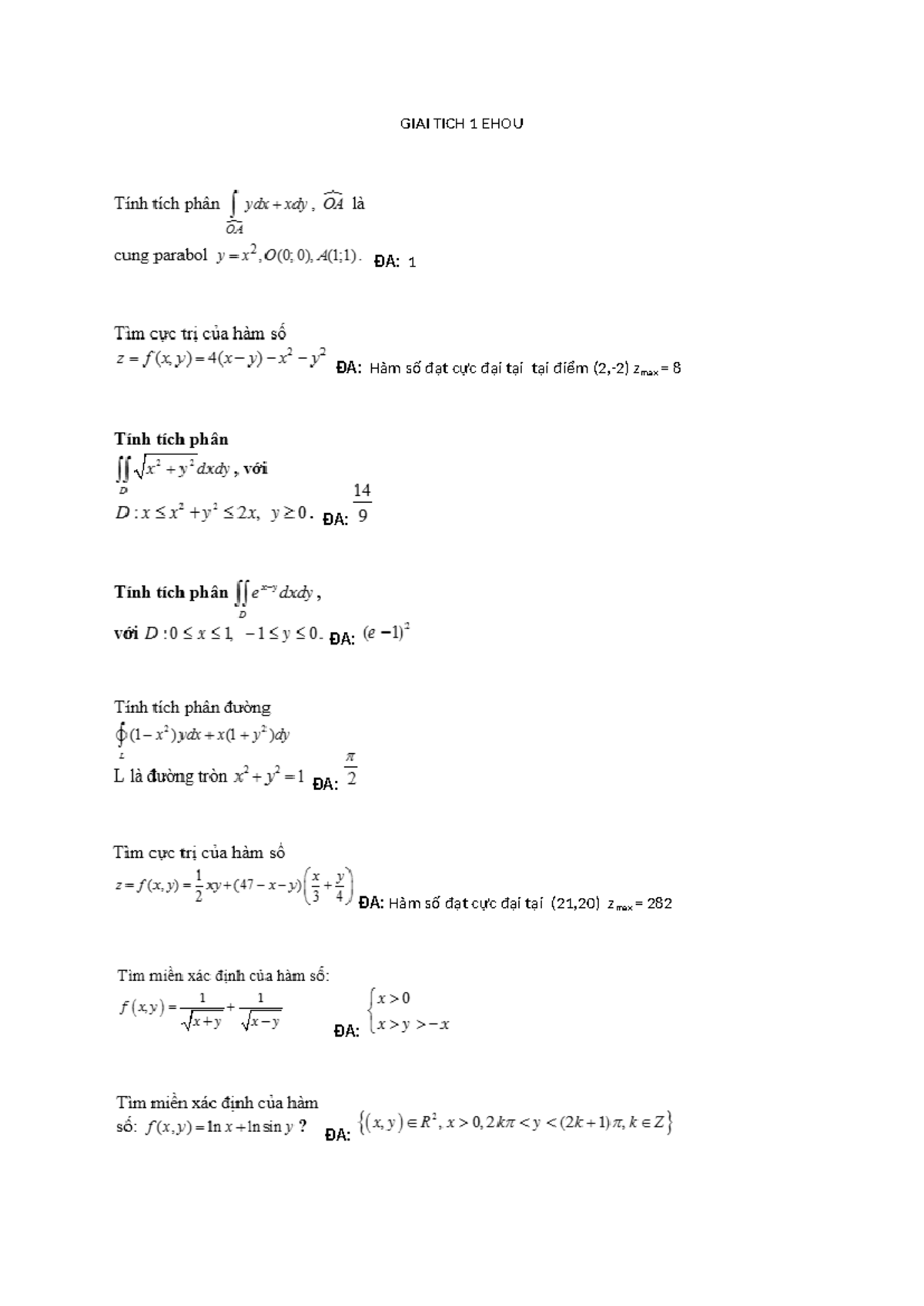 Giaitich - giai tich - GIAI TICH 1 EHOU ĐA: 1 ĐA: Hàm số đạt cực đại ...