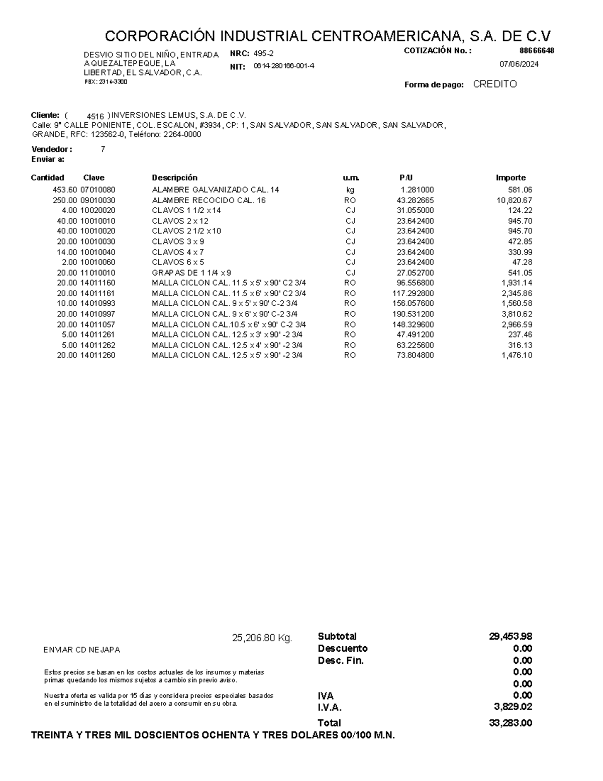 88666648 Inversiones Lemus ALMB1 - 4516 COTIZACIÓN No. : Enviar a ...