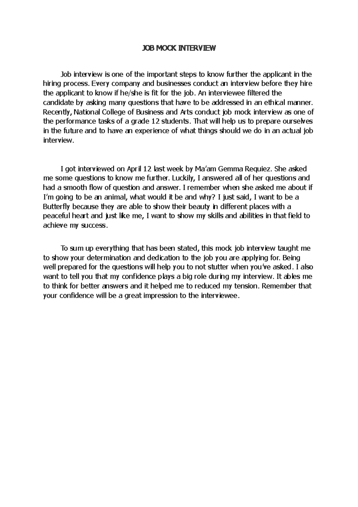 Reflection Paper for educational purposes. Lesson lesson lesson - JOB MOCK INTERVIEW Job ...