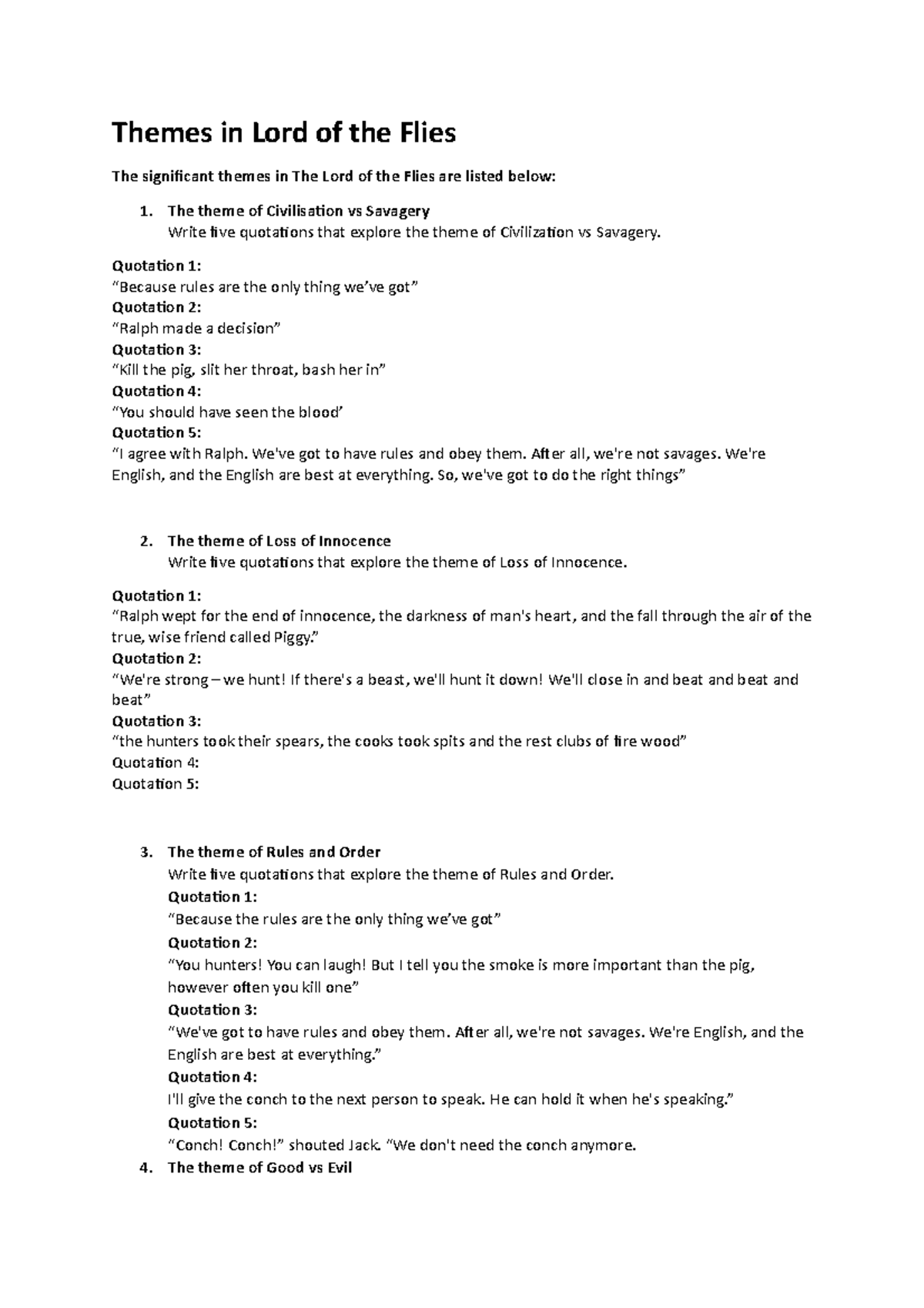 LOTF Themes Worksheet - Themes in Lord of the Flies The significant ...