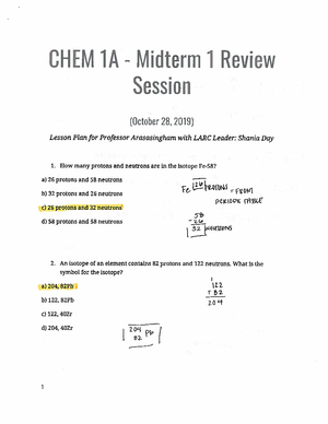 CHEM 1A Midterm 1 Review Session Practice Problems[ 10022 ] - CHEM 1A - Midterm 1 Review Session ...