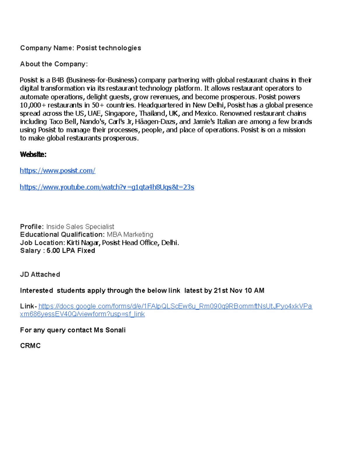 JD - Inside Sales Posist - Company Name: Posist technologies About the Company: Posist is a B4B ...