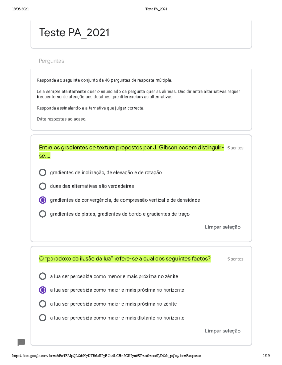 Teste PA 2021 - Perguntas Responda ao seguinte conjunto de 40 perguntas ...