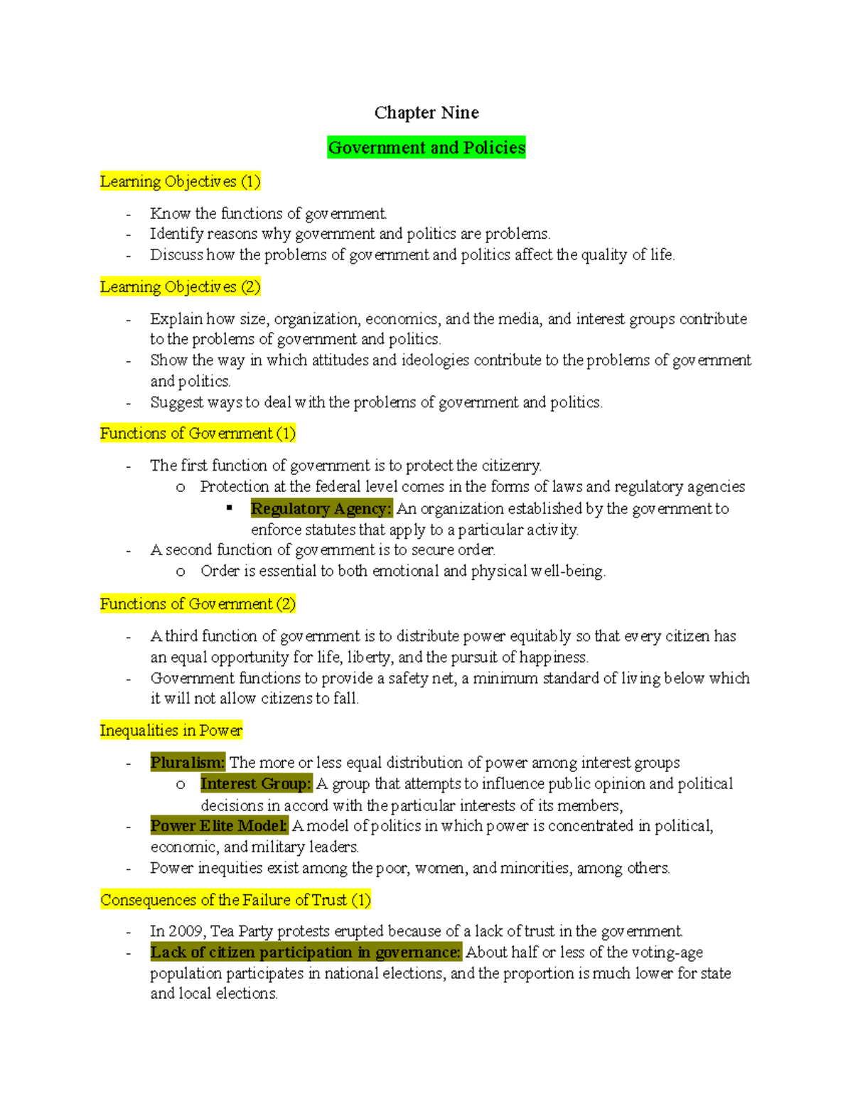 Chapter Nine - Chapter Nine Government and Policies Learning Objectives (1) Know the functions ...