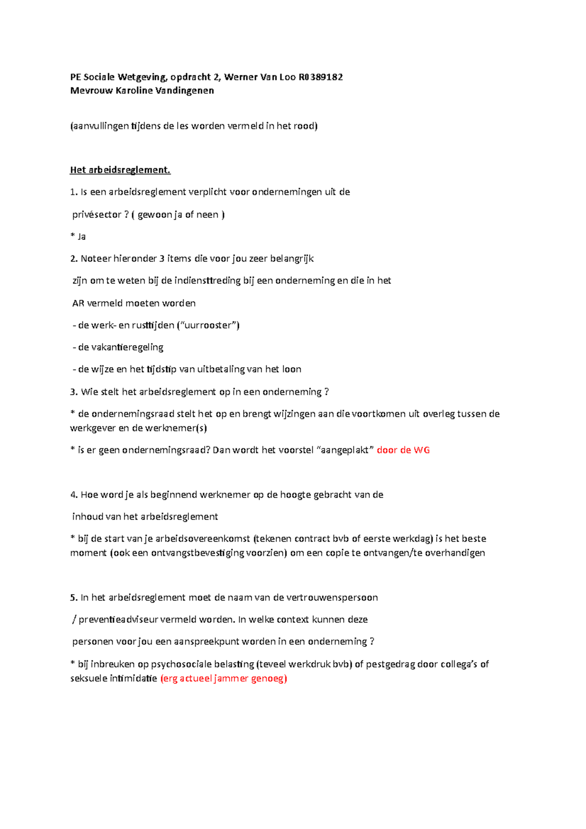 PE opdr 2 arbeidsreglement - PE Sociale Wetgeving, opdracht 2, Werner ...