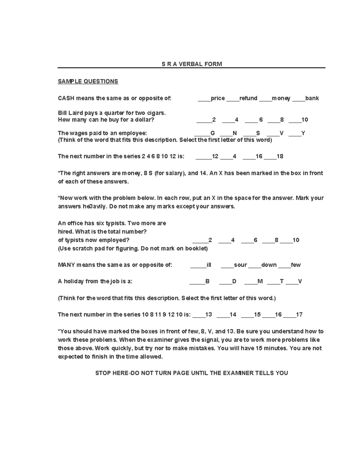SRA Verbal Form Test - Yes - S R A VERBAL FORM SAMPLE QUESTIONS CASH ...