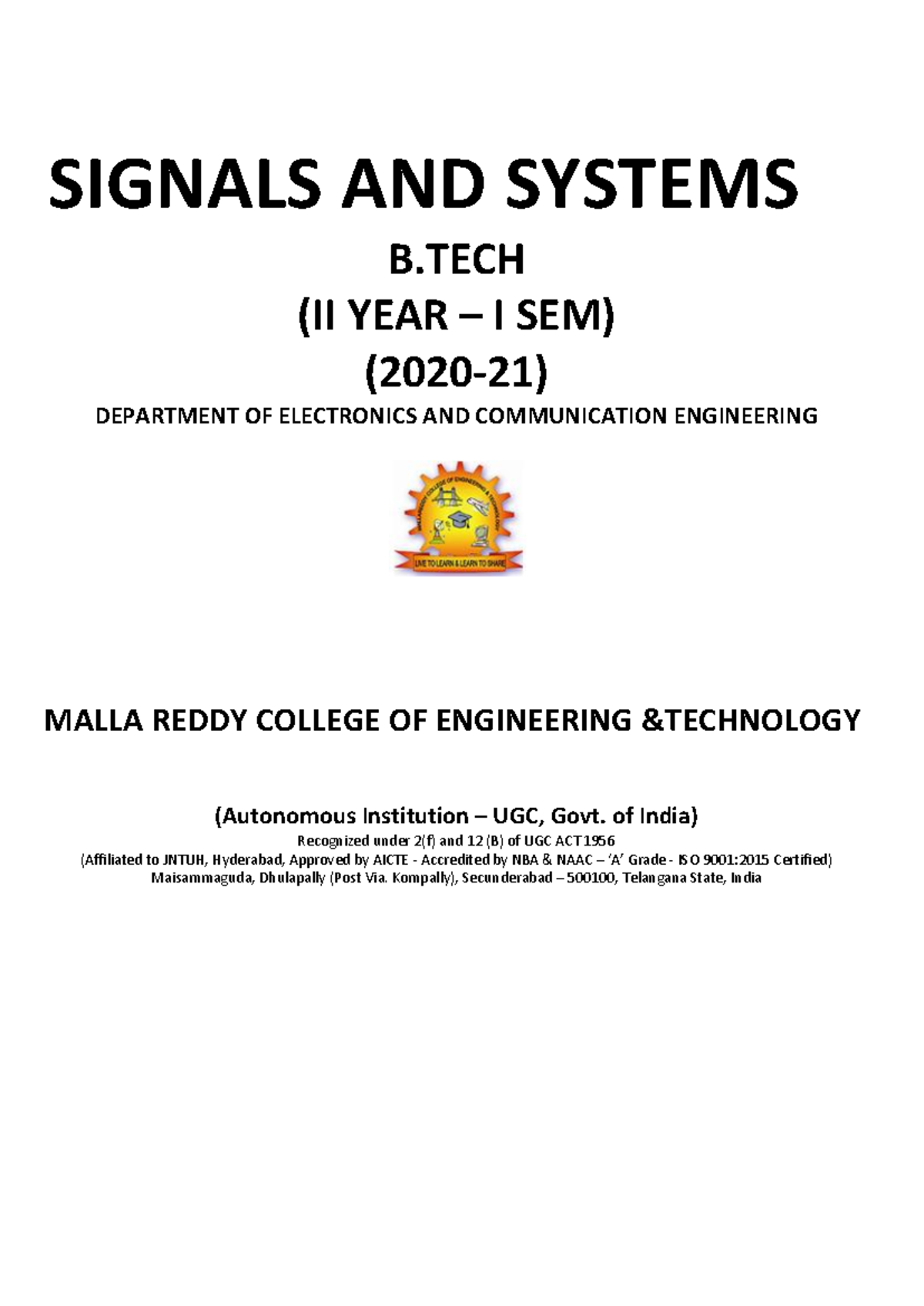 Signals & Systems - material for student - SIGNALS AND SYSTEMS B (II ...