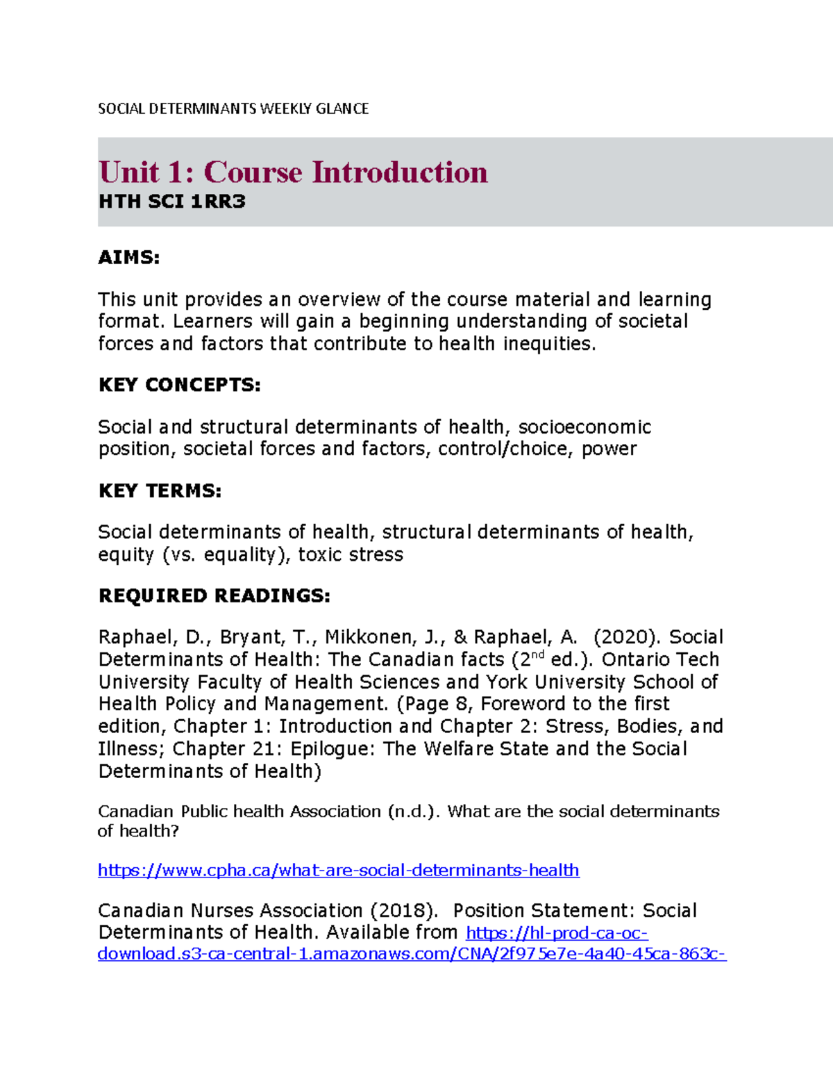Weekly Glance 1RR3 - overview - SOCIAL DETERMINANTS WEEKLY GLANCE Unit ...